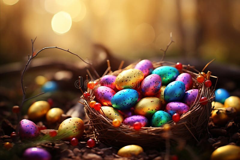 Easter Concept with Colorful Eggs and Adorable Bunny in Springtime ...