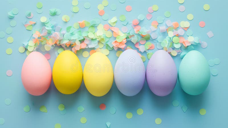 Easter Concept Colorful Eggs, Confetti, Pastel Background Top View ...