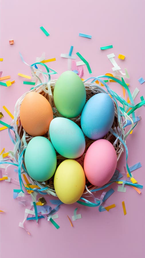 Easter Concept Colorful Eggs, Confetti, Pastel Background Top View ...
