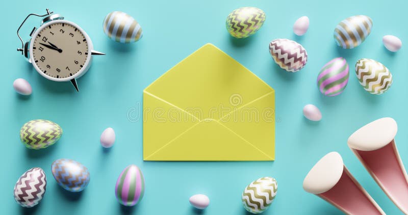 Easter Concept. Open Envelope Surrounded by Eggs Bunny Ears Alarm Clock ...