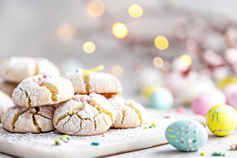 Easter Cookies or Crinkle Cookies and Colored Easter Eggs on Table ...