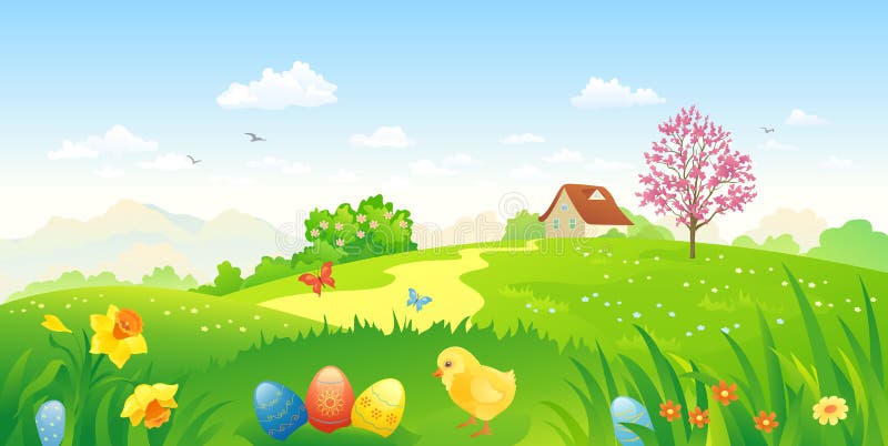 Easter Landscape with a Bunny Stock Vector - Illustration of cartoon ...