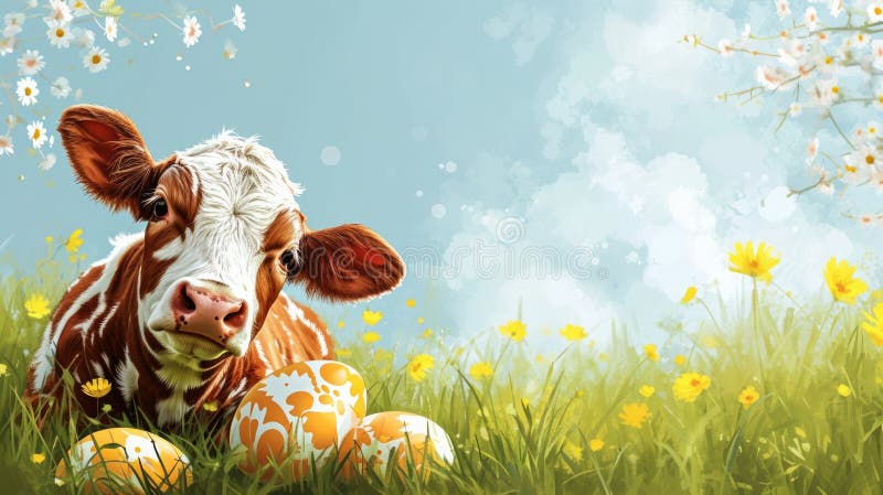 Easter Cow Illustration with Copyspace AI Generated Stock Illustration ...