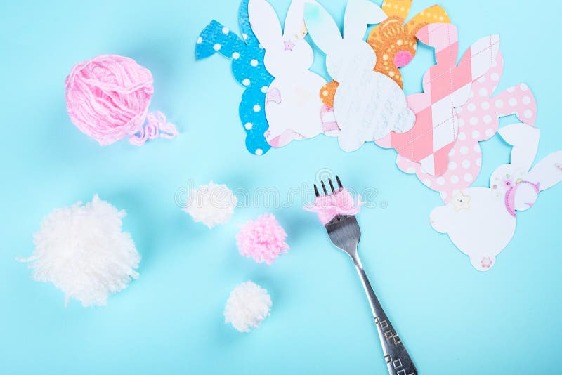 Easter Craft of Making Yarn Bunny Tail with a Fork Stock Image - Image ...
