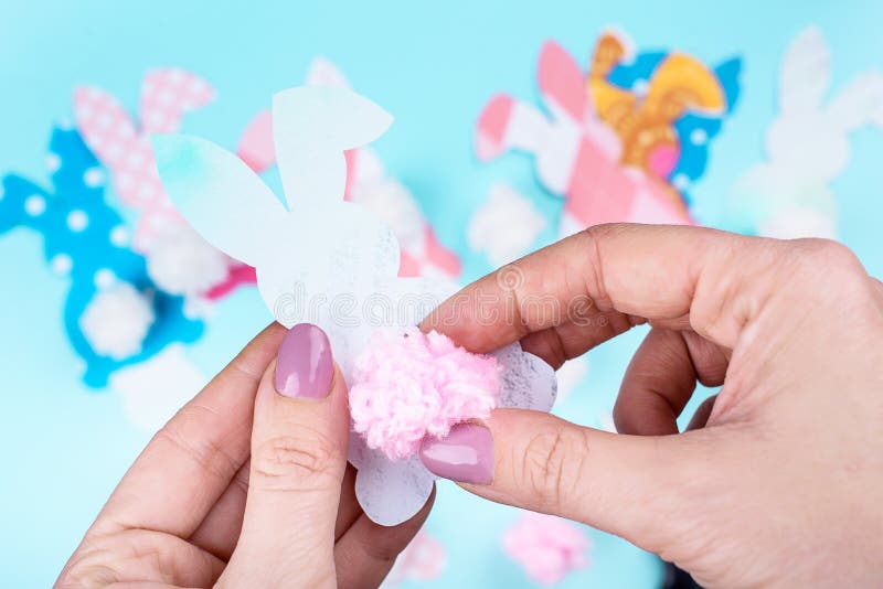 Easter Craft of Making Yarn Bunny Tail with a Fork Stock Photo - Image ...