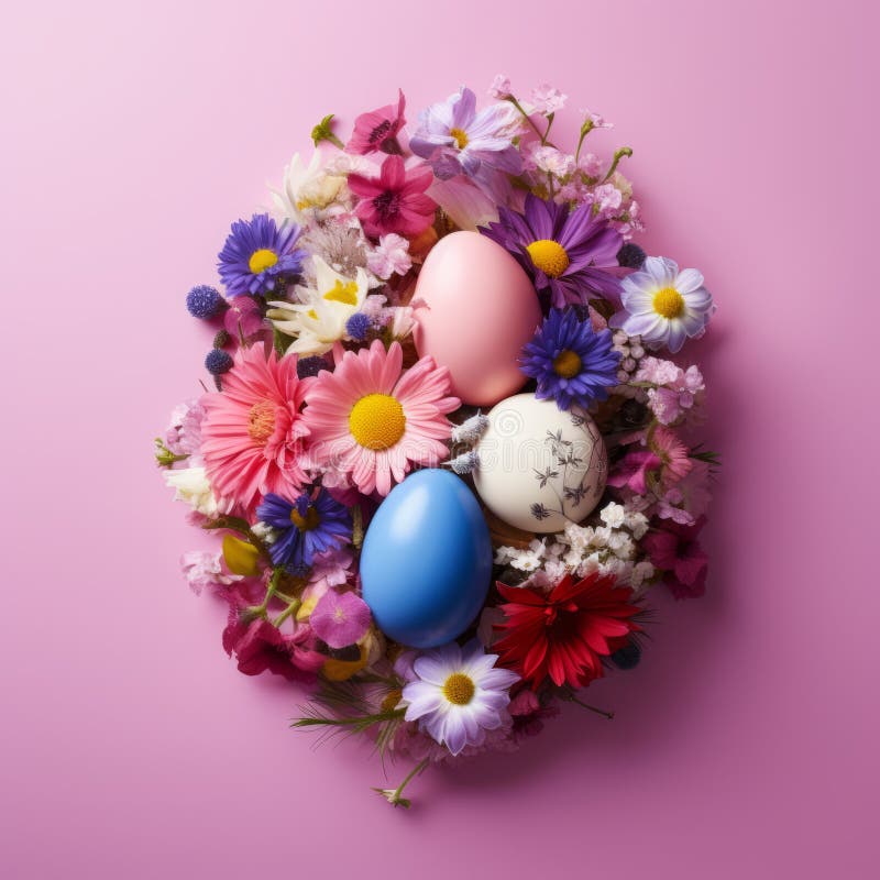 Easter Creative Composition with Easter Eggs and Spring Flowers Stock ...