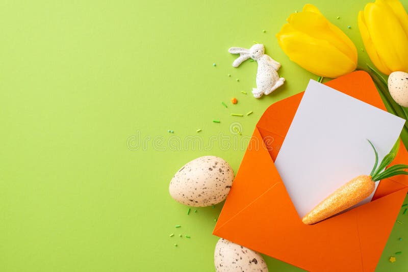 Easter Creativity in Action. Overhead Shot of Open Envelope, Eggs ...