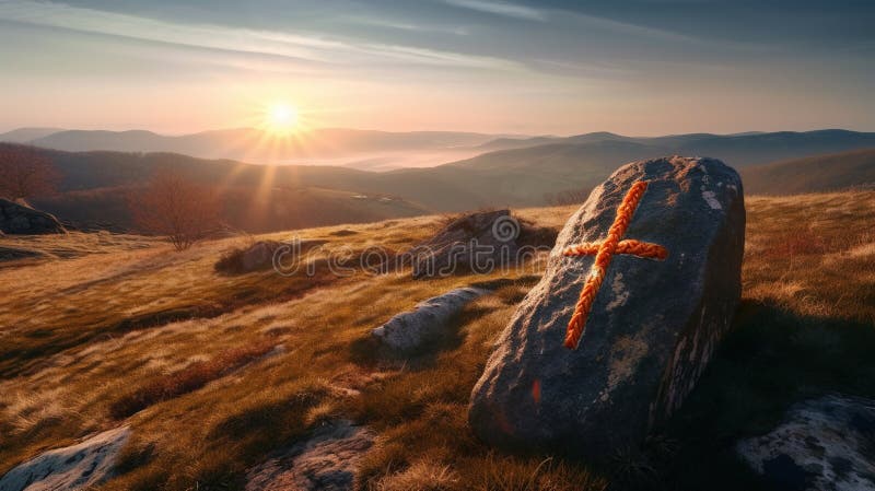 A Easter Cross in a Mountain Sunrise Realistic Orange Sun Light AI ...
