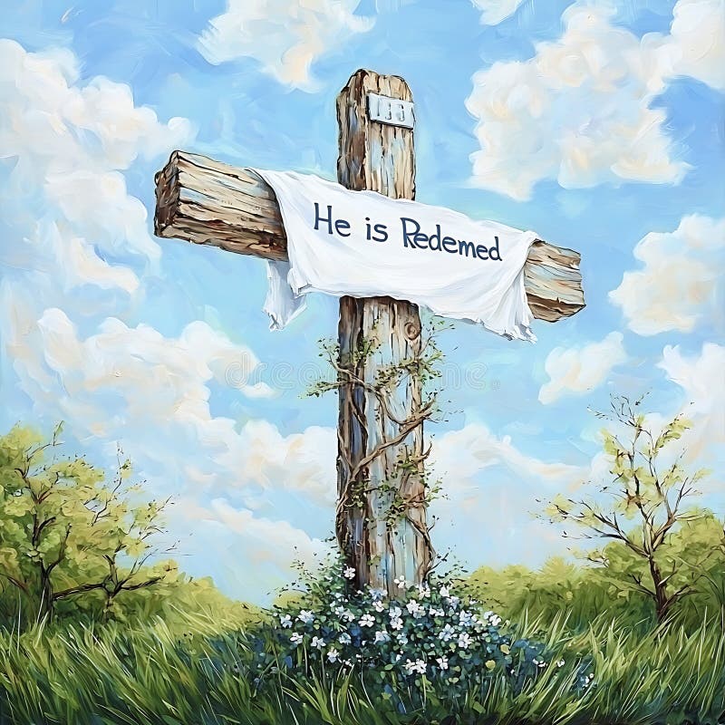 Easter Cross with White Linen and he is Redeemed Message Under Blue Sky ...