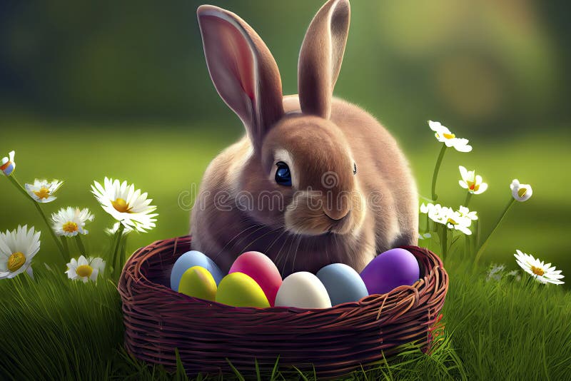 Easter a Cute Bunny Holds Decorated Eggs in a Sunny Garden Stock ...