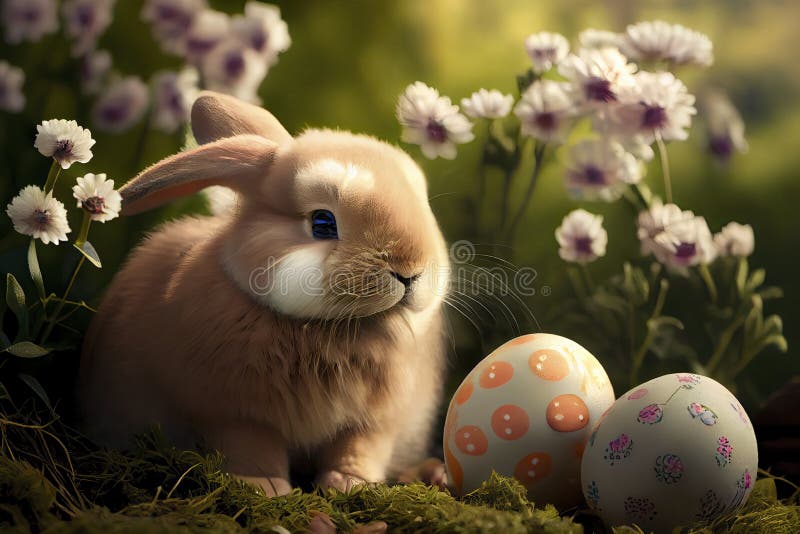 Easter a Cute Bunny Holds Decorated Eggs in a Sunny Garden Stock ...