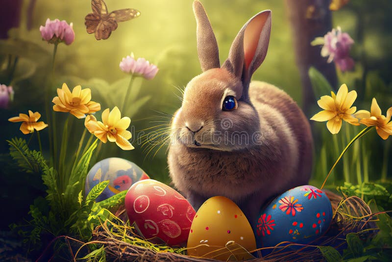 Easter a Cute Bunny Holds Decorated Eggs in a Sunny Garden Stock ...