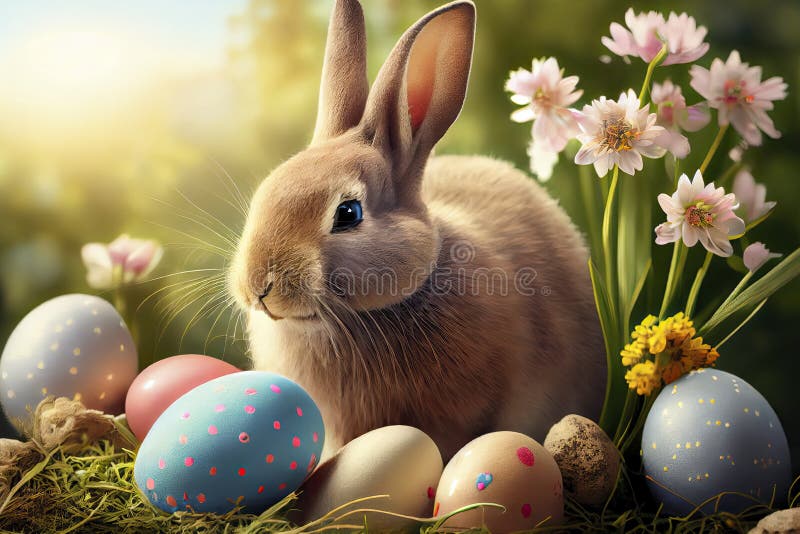 Easter a Cute Bunny Holds Decorated Eggs in a Sunny Garden Stock ...