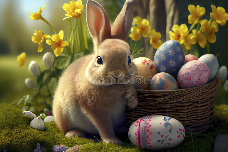 Easter a Cute Bunny Holds Decorated Eggs in a Sunny Garden Stock ...