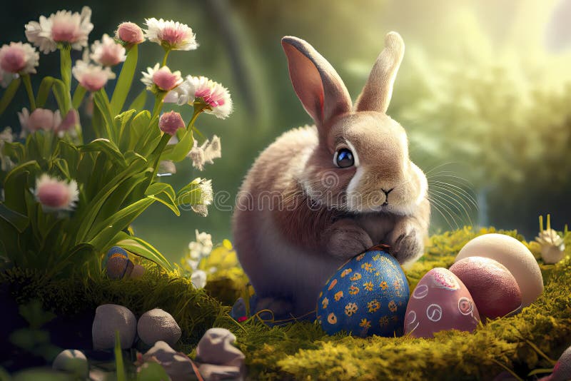 Easter a Cute Bunny Holds Decorated Eggs in a Sunny Garden Stock ...