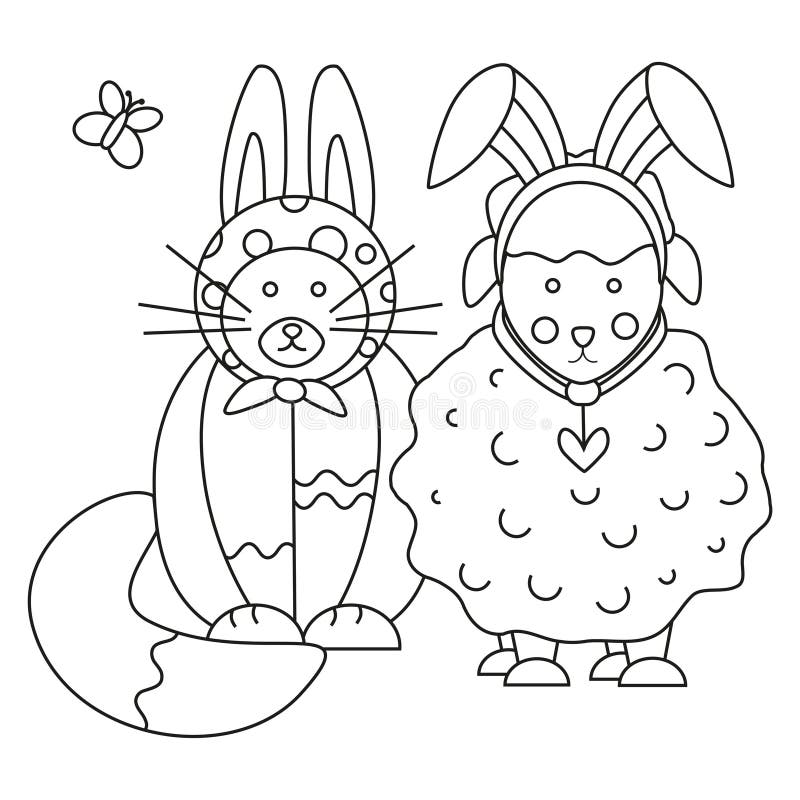 Easter Cute Cat and Sheep with Bunny Ears. Line Art Stock Vector ...