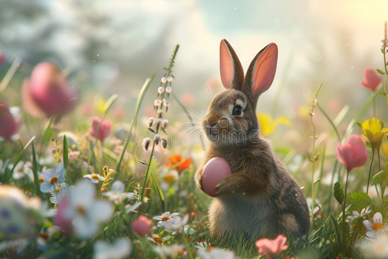 Easter Cute Little Bunny among Spring Flower Meadow. Easter Holiday ...