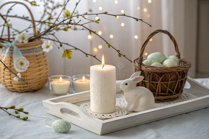 Charming Easter Setup Pastel Eggs Fresh Flowers Bunny Figurine Stock ...
