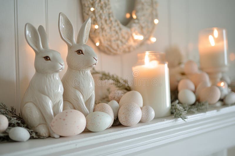 Easter Decor with Ceramic Bunny, Pastel Colored Eggs, Lit Candles and ...