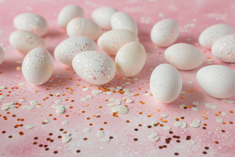 Easter Decor Consisting of White Eggs and Confetti on a Pink Background ...