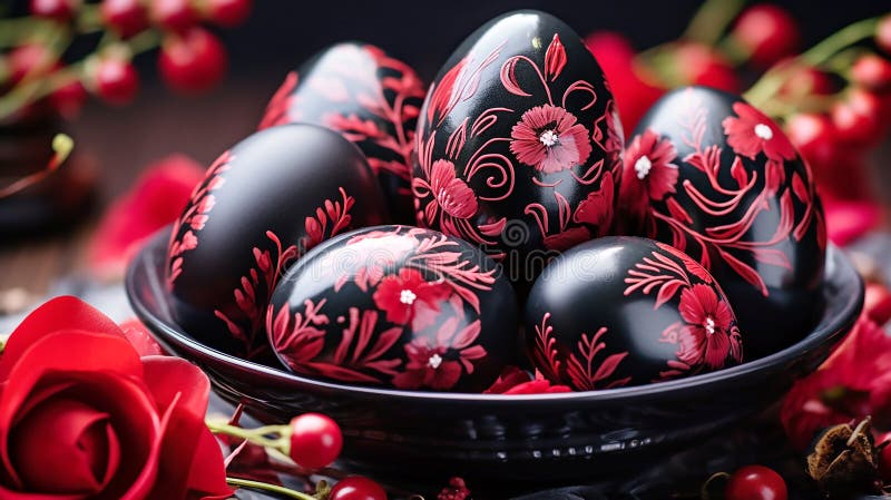 Easter Decor with Painted Black Red Eggs and Red Flowers Stock Image ...