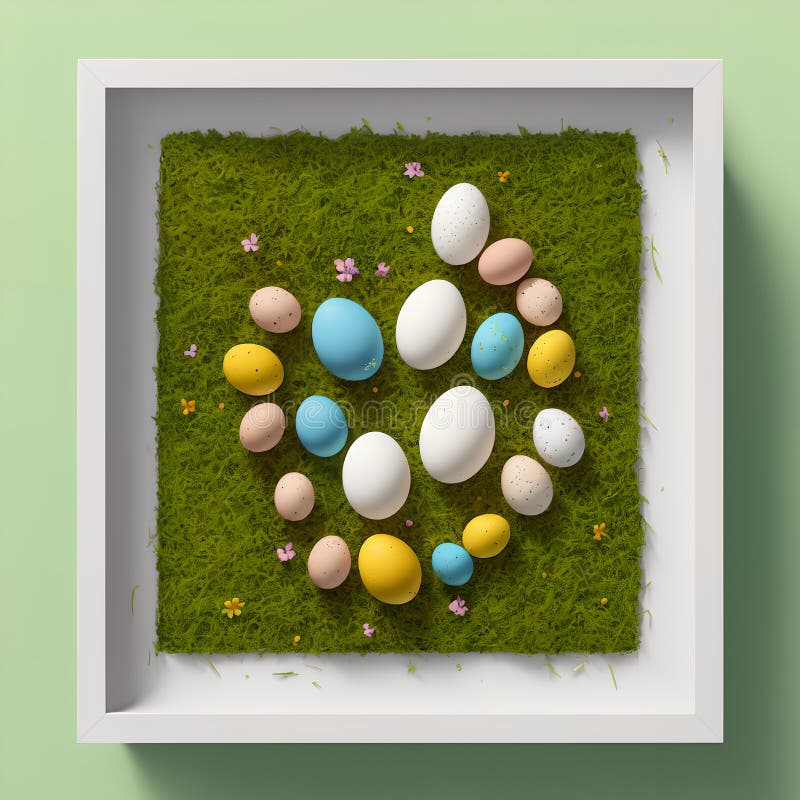 Easter Decor Poster Wooden Frame with Eggs, Flowers and Green Grass. AI ...