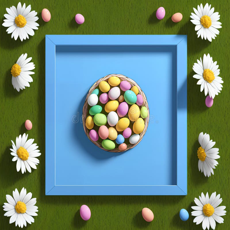 Easter Decor Poster Wooden Frame with Eggs, Flowers and Green Grass. AI ...