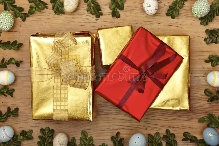Easter Decoration and Presents on Wood Stock Photo - Image of eggs ...