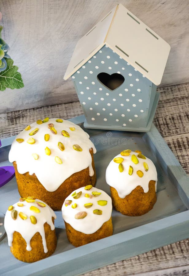 Easter Decoration Set with Glazed Kulich and Vanilla Eclairs Stock ...