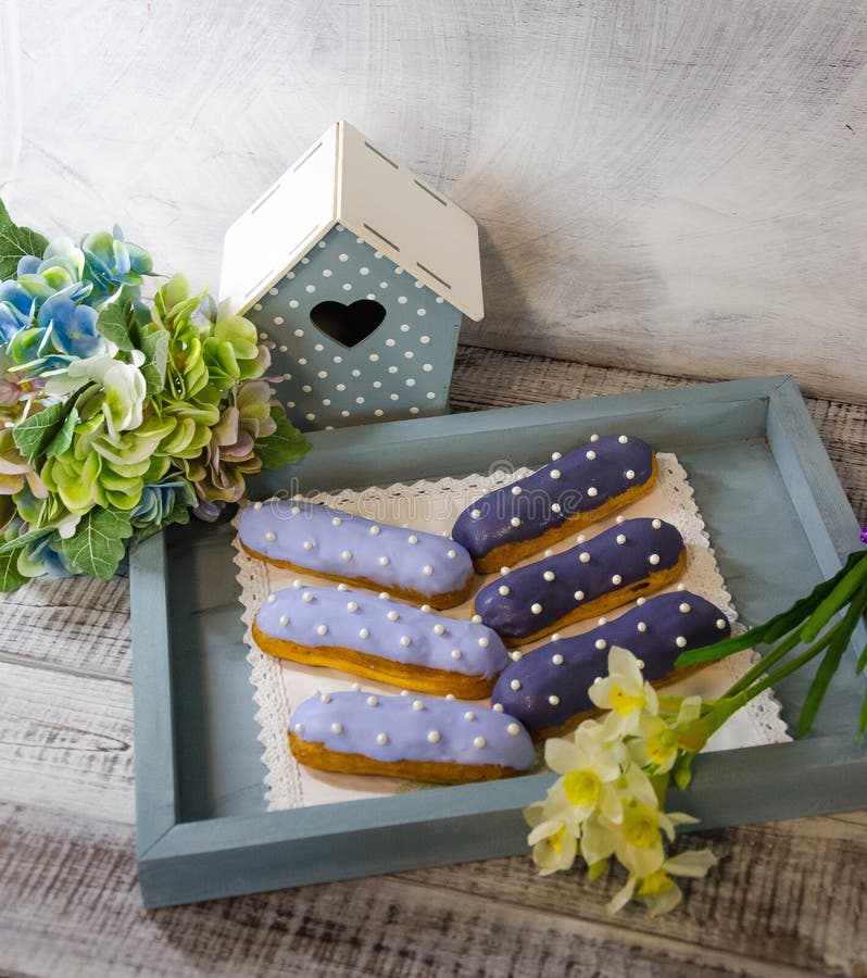 Easter Decoration Set with Glazed Kulich and Vanilla Eclairs Stock ...