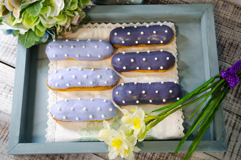 Easter Decoration Set with Glazed Kulich and Vanilla Eclairs Stock ...