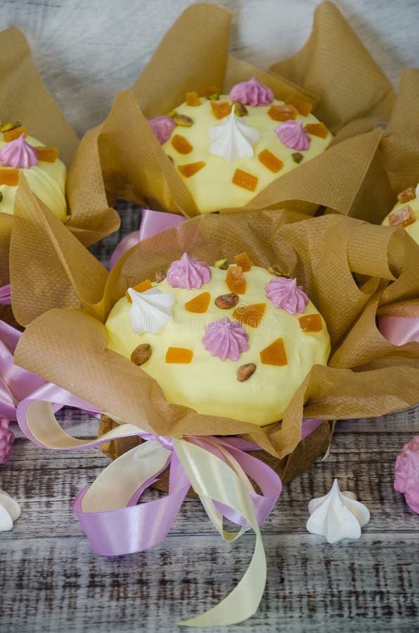 Easter Decoration Set with Glazed Kulich and Vanilla Eclairs Stock ...