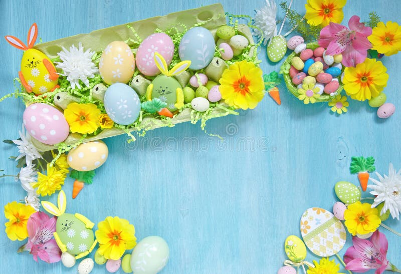 Easter Decorations with Colorful Eggs and Flowers Stock Photo - Image ...