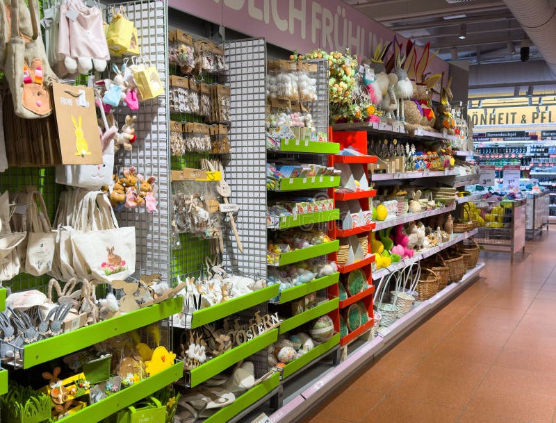 Easter Decorations Display in Store with Colorful Baskets and Festive ...