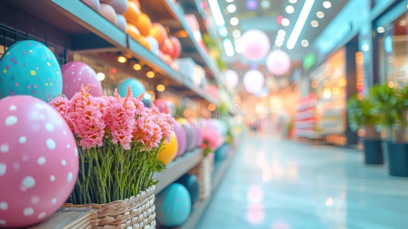 Easter Decorations Displayed on Store Shelves. Colorful Easter Eggs and ...