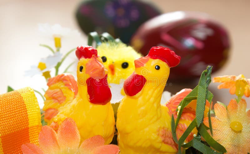 Easter Decorations - Hens Chicken and Painted Egg Stock Photo - Image ...