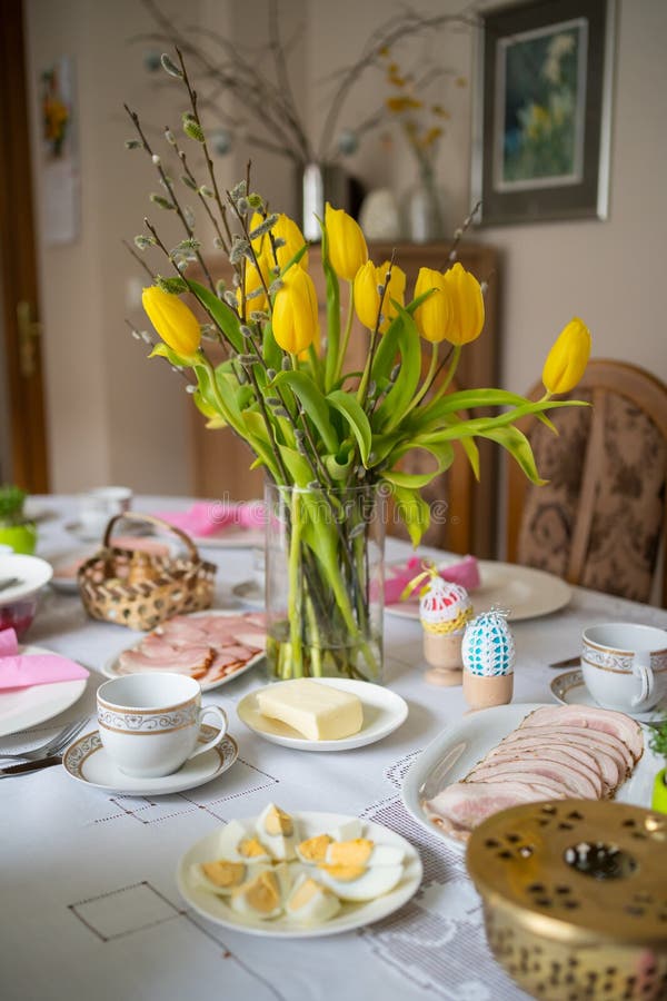 Easter Decorations on Tablet Easter Breakfast Stock Photo - Image of ...