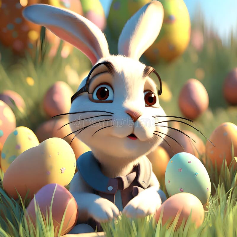 Easter Delight: Adorable 3D Rendered Bunny Surrounded by Colorful Eggs ...