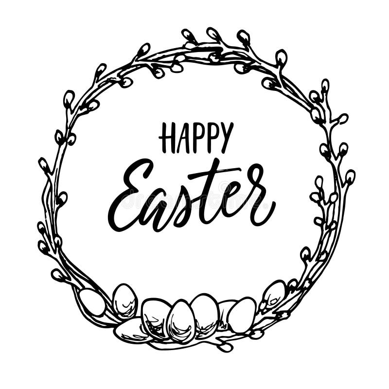 Easter Design Simple Drawing of Wreath and Eggs and Hand Written ...