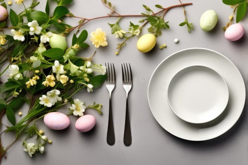 Easter Dining Setting with Floral Decor and Eggs Stock Image - Image of ...