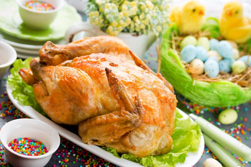 Easter Dinner Food Idea Roasted Easter Chicken Stock Image - Image of ...