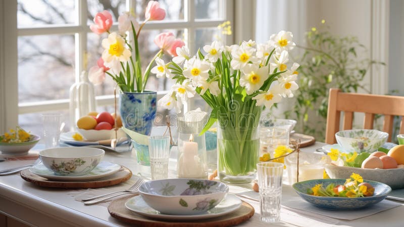 Easter Dinner Table Setting with Traditional Food and Spring Flowers ...