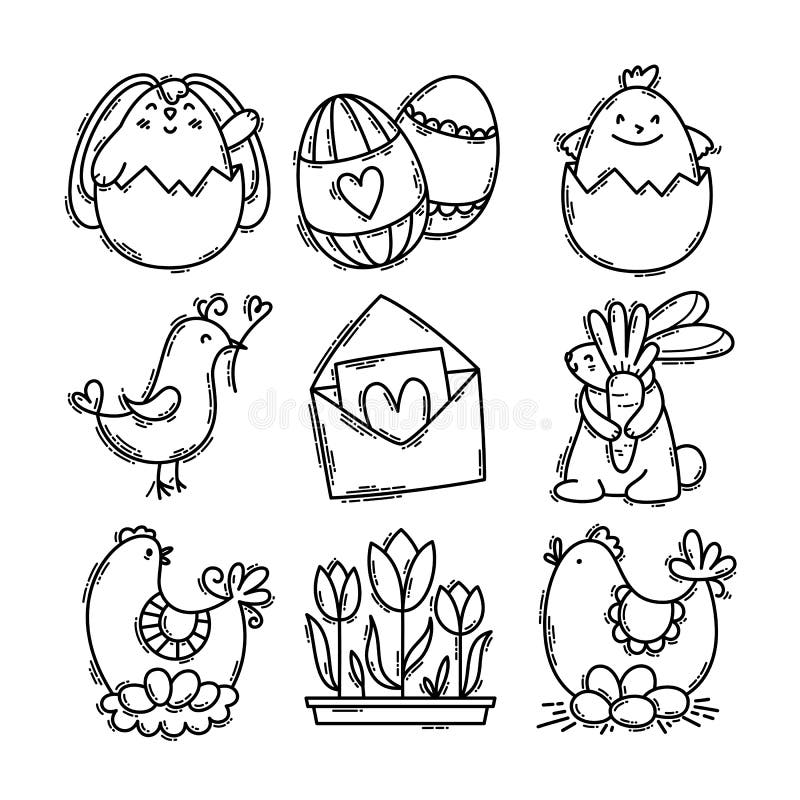 Easter Doodle Style Hand-drawn Icon Set with Simple Engraving Effect ...