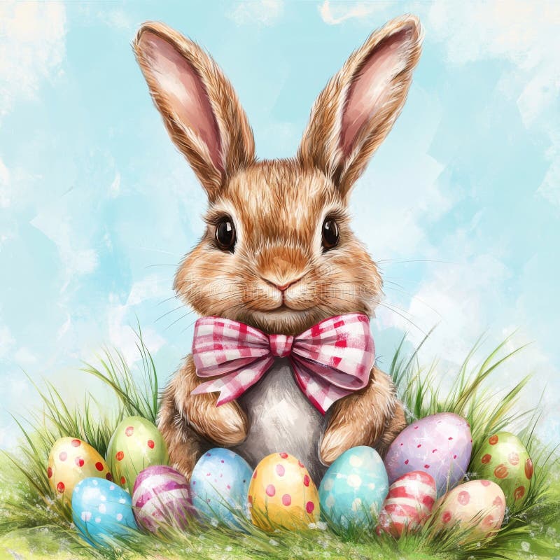 An Easter Drawing with a Small Bunny and Festively Decorated Eggs on a ...