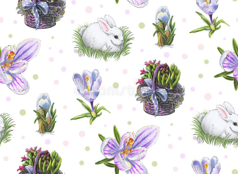 Easter Drawing with White Bunnies and Spring Flowers Stock Illustration ...