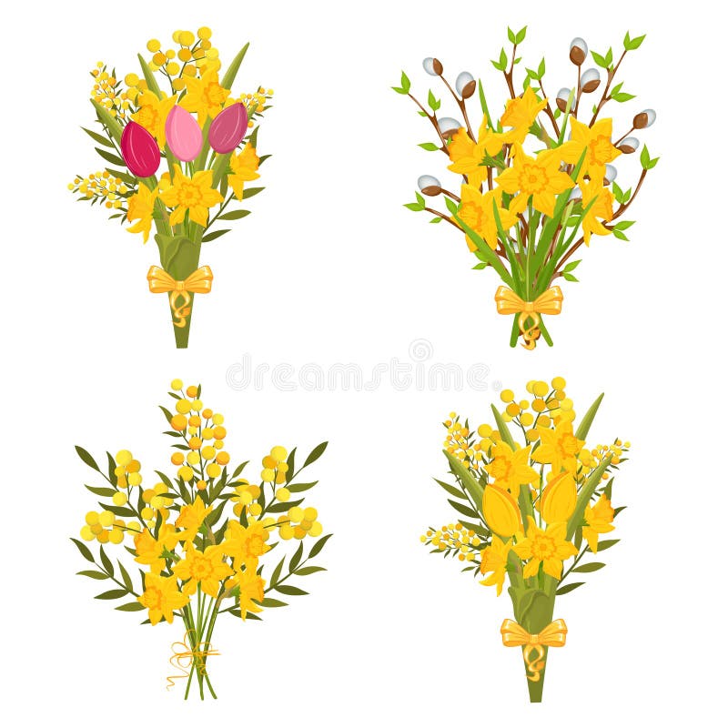 Easter Early Spring Flowers Bucket. Easter Colorful Flat Elements ...