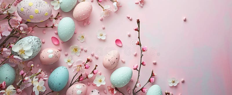 Easter Egg Banner with Decorative Eggs in Pastel Colors and Flowers on ...