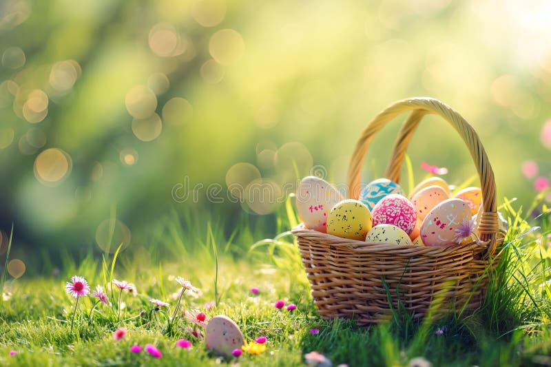 Easter Egg Basket in Sunlit Spring Grass Stock Illustration ...