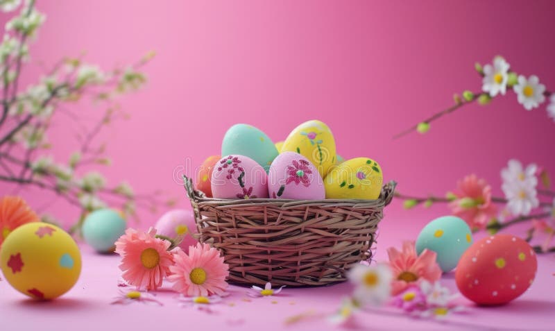 Easter Egg Basket Surround on Bright Pink Background in Slow Motion Stock Image - Image of ...