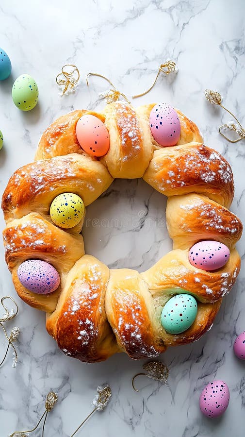 Easter Egg Bread Wreath with Colored Eggs Baked into the Dough. Pic Stock Photo - Image of ...